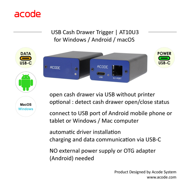 USB Cash Drawer Trigger for Android & Windows, USB Type-C